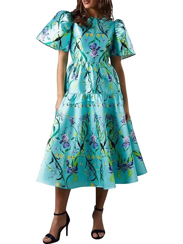 Coast Twill Puff Sleeve Printed Midi Dress - Green