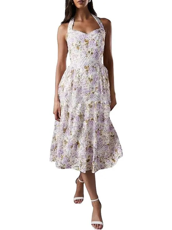 Coast Printed Lace Halter Neck Midi Dress - White