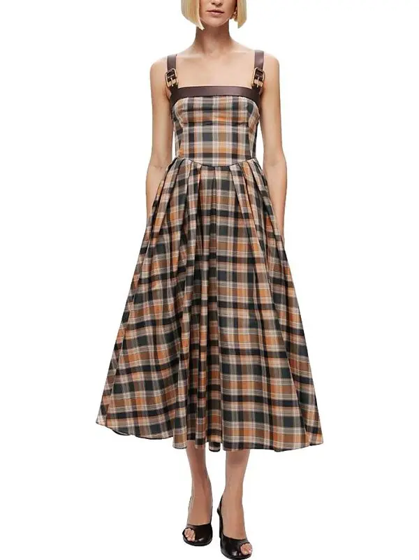 NOCTURNE Plaid Pleated Maxi Dress With Belt - Brown