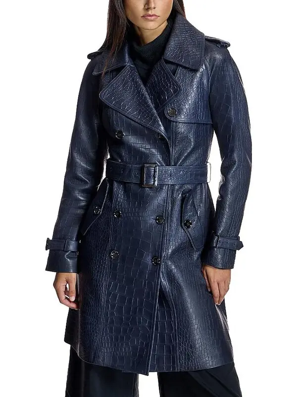 MAXIMILIAN Croc-stamped Leather Trench Coat - Cobalt