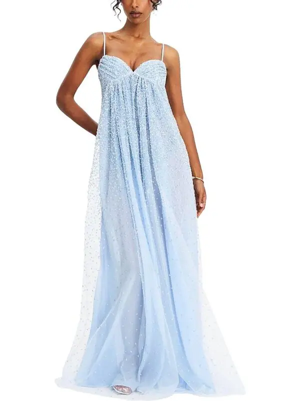 MISS CIRCLE Rhinestone Embellished Mesh Backless Gown - Baby Blue