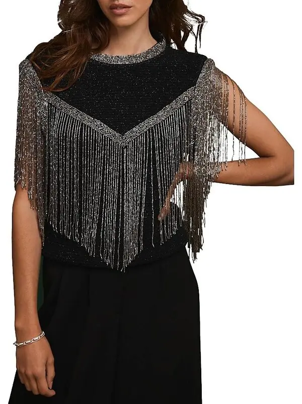 Mint Velvet Embellished Fringe Top - Black