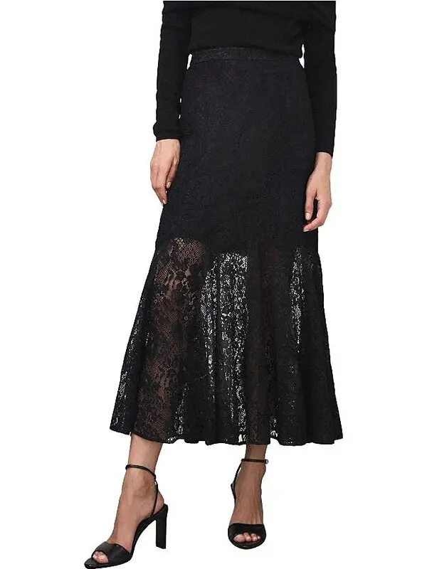 Mint Velvet Lace Fluted Sheer Midi Skirt - Black