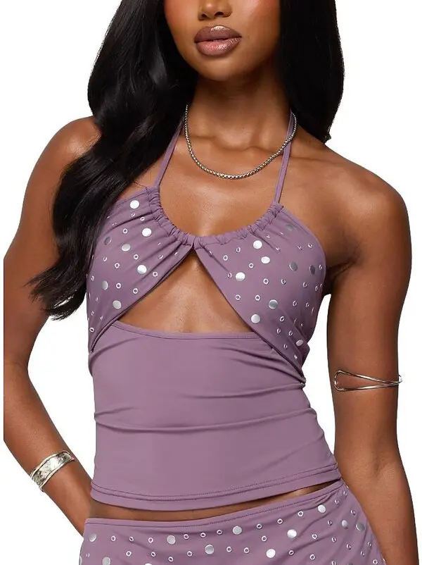 EDIKTED Luana Studded Cut Out Halter Top - Purple
