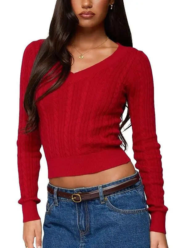 EDIKTED Ashlee V-neck Cable Knit Top - Red