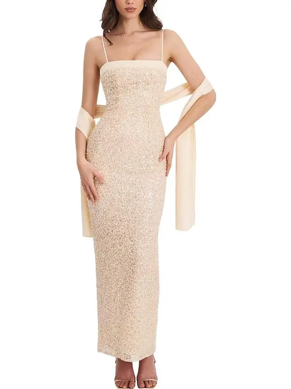 MISS CIRCLE Beaded Sequin Bodycon Gown With Scarf - Gold
