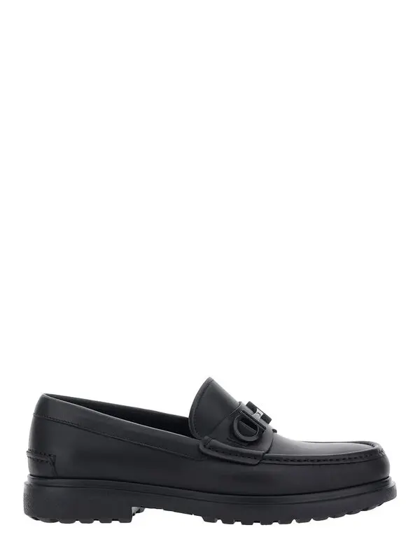FERRAGAMO Tobia Loafers With Metal Gancini Detail - Black