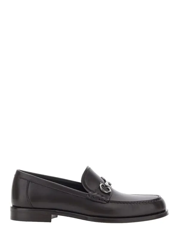 FERRAGAMO Leather Loafers With Gancini Detail - Brown