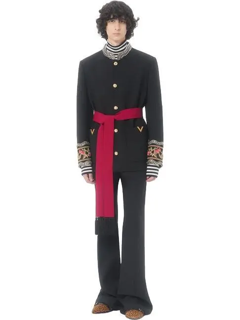 Valentino Garavani Embroidered Wool Gabardine Jacket With Belt - Black