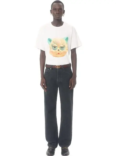 Valentino Garavani Cotton T-shirt With Le Chat De La Maison Print - Neutral