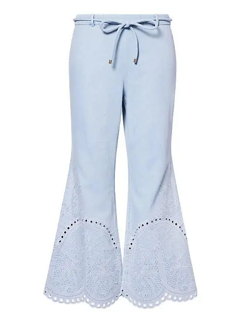 Zimmermann Cropped Wide-leg Embroidered Denim Jeans - Ice Storm
