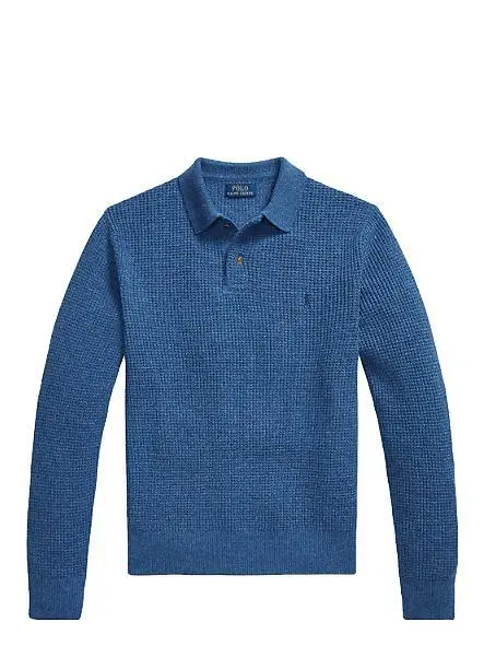 Polo Ralph Lauren Logo-embroidered Waffle-knit Wool And Cotton-blend Polo Jumper Xxl - Blue