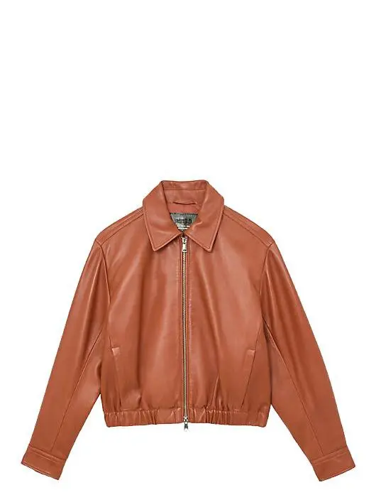 REISS Lottie Cropped Leather Bomber Jacket - Tan