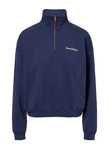 SPORTY & RICH Play Tennis Quarter-zip Cotton-jersey Sweatshirt - Dark Navy