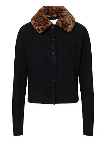 REFORMATION Hannah Merino-wool Cardigan With Faux Fur-collar - Black Leopard Faux Fur