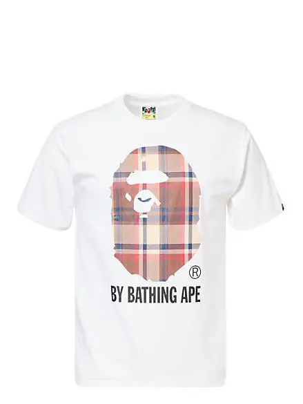 A BATHING APE Ape-head Crewneck Check Cotton-jersey T-shirt - White X Red