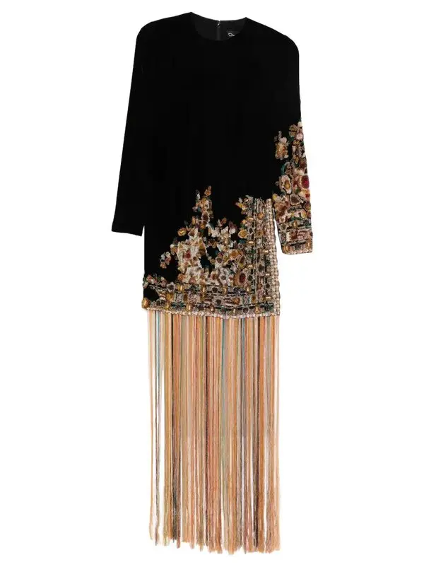 Oscar De La Renta Embroidered Fringed Maxi Dress - Black