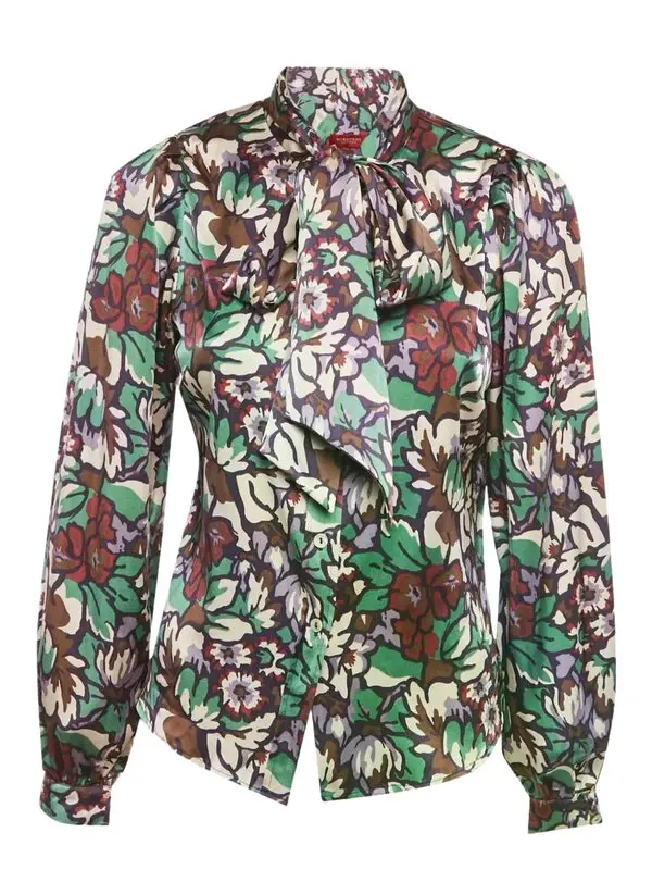 Burberry Floral-print Tie-neck Blouse - Green