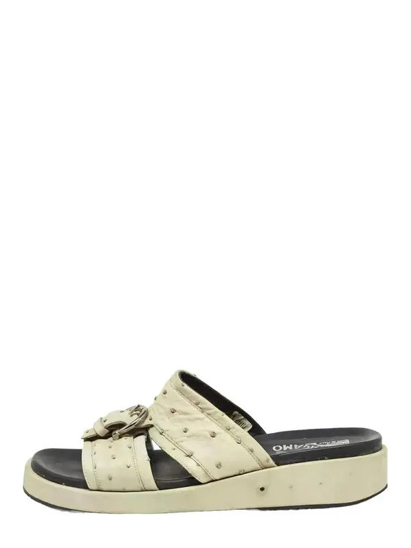 FERRAGAMO Ostrich Leather Buckle Flats - Neutrals