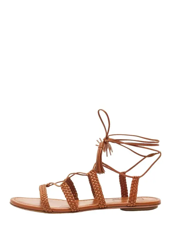 AQUAZZURA Stromboli Braided Leather Tassel Flat Sandals - Brown