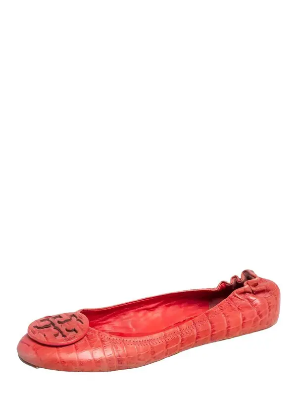 Tory Burch Croc Embossed Leather Minnie Ballet Flats - Orange
