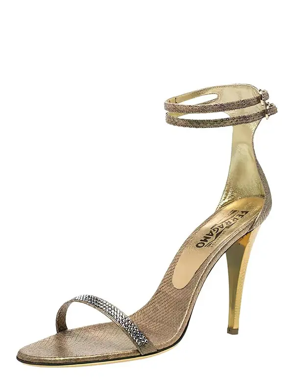 FERRAGAMO 110mm Snakeskin Crystal-embellished Heeled Sandals - Gold