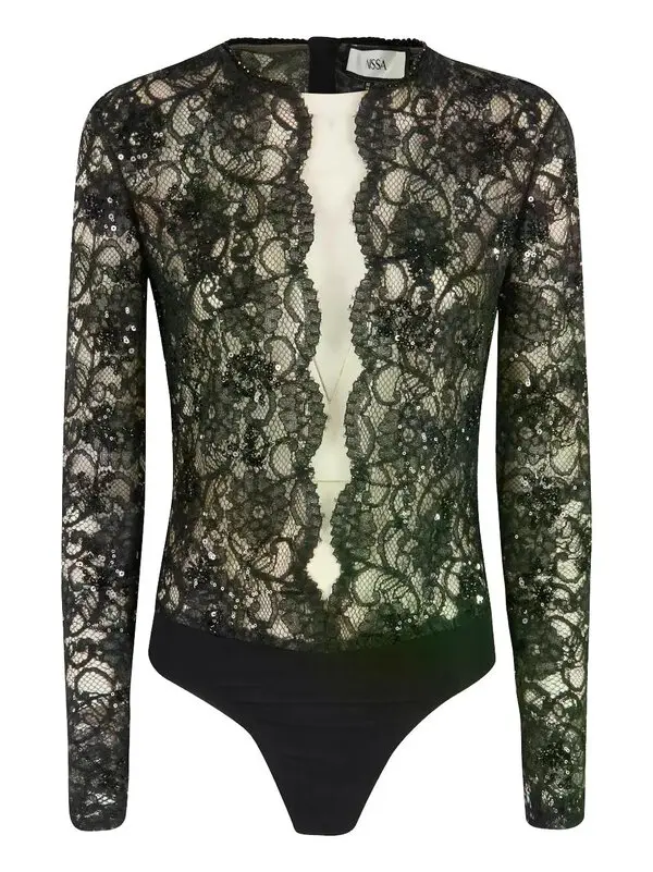 NISSA Sequined Lace Bodysuit - Black