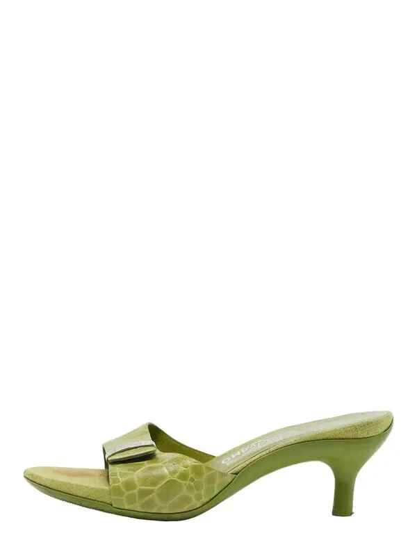 FERRAGAMO Croc Embossed Leather Slide Heels - Green