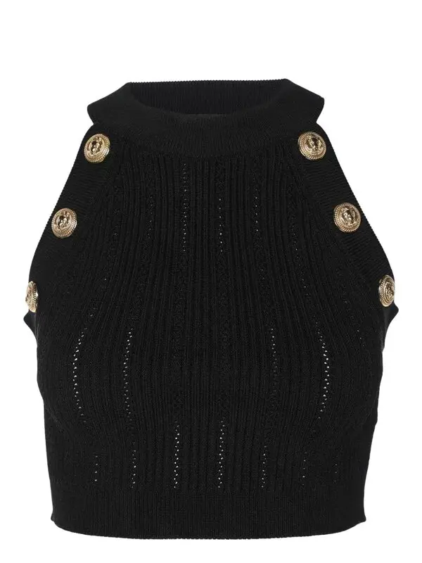 Balmain Ribbed Button Embellished Top - Black