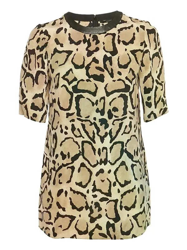 Gucci Animal-print Leather-trim Blouse - Neutrals