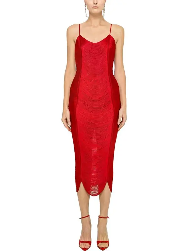 NISSA Fringed Midi Dress - Red