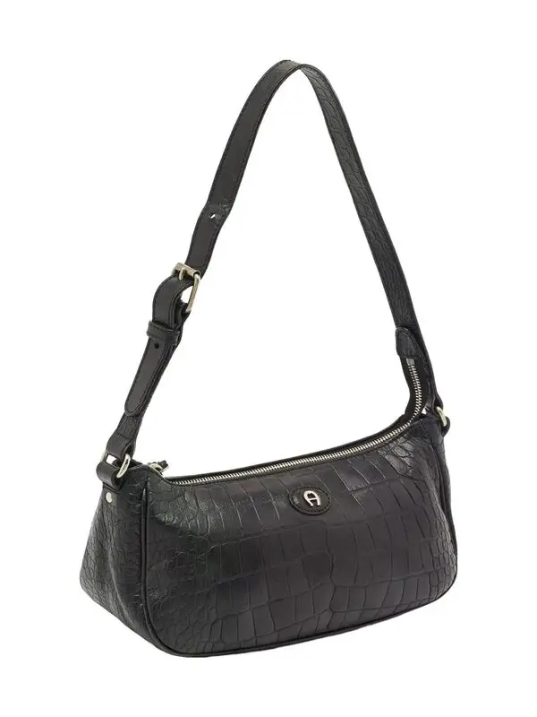 AIGNER Croc Embossed Leather Shoulder Bag - Black