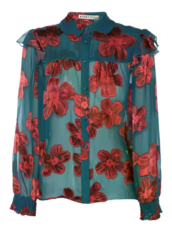 Alice + Olivia Ziggy Floral-print Ruffled Shirt - Blue