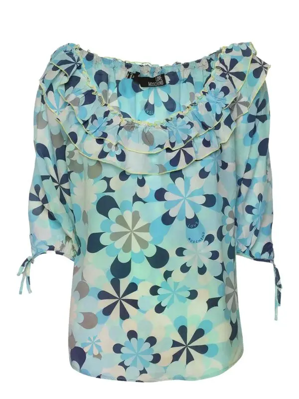 Moschino Floral-print Top With Ruffle Trim - Blue