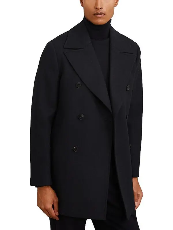 REISS Wool Blend Double Breasted Pea Coat - Navy