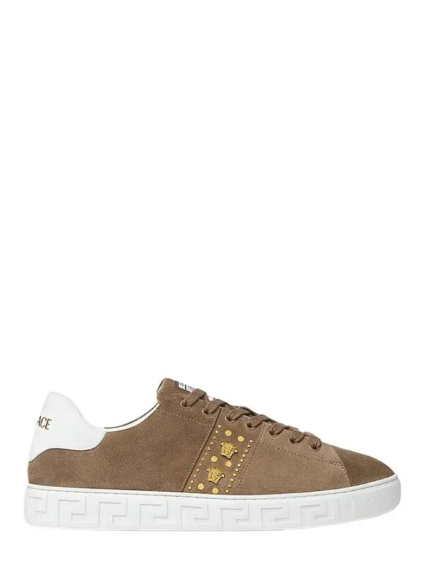 Versace Greca Embellished Suede Sneakers - Warm Beige
