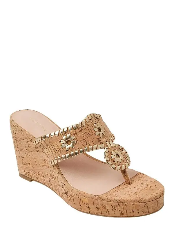 Jack Rogers Jacks Cork & Leather High Heel Wedge Sandals - Cork/gold