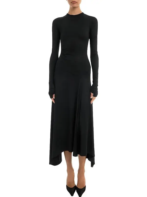 Victoria Beckham Long Sleeve Asymmetrical Midi Dress - Black