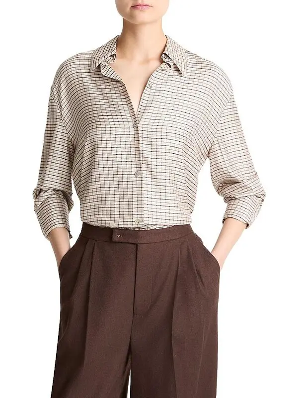 Vince Micro Check Button-front Shirt - Taupe Multi