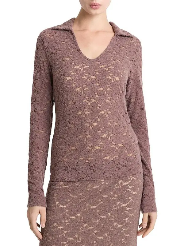 Vince Lace Long Sleeve Polo Top - Smoky Berry