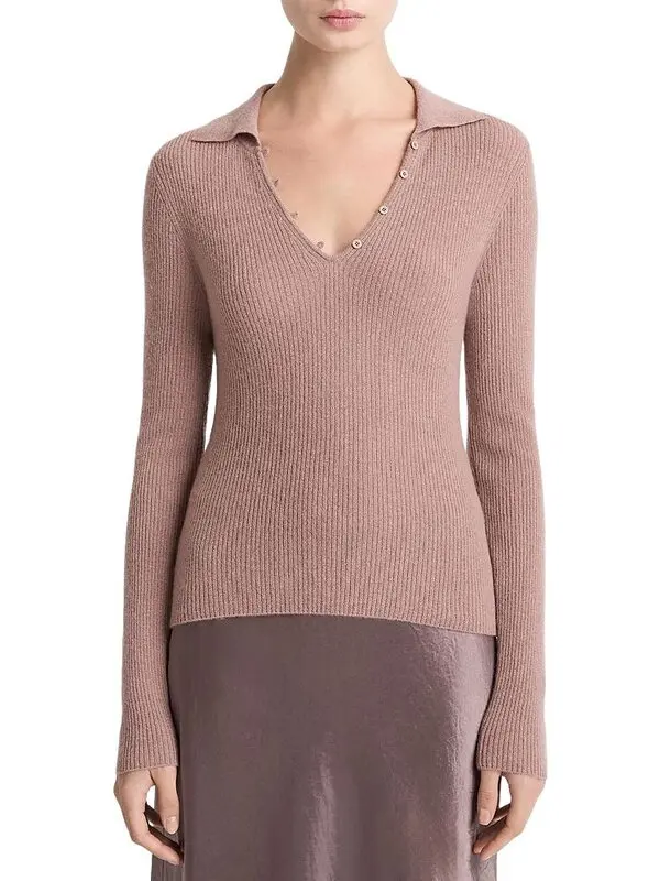 Vince Cashmere Silk Ribbed Button Loop Polo Top - Beet Root