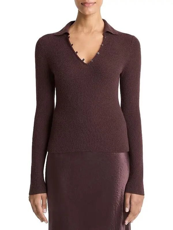 Vince Cashmere Silk Ribbed Polo Top - Fig