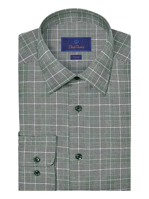 David Donahue Trim Fit Twill Glen Check Dress Shirt - Hunter