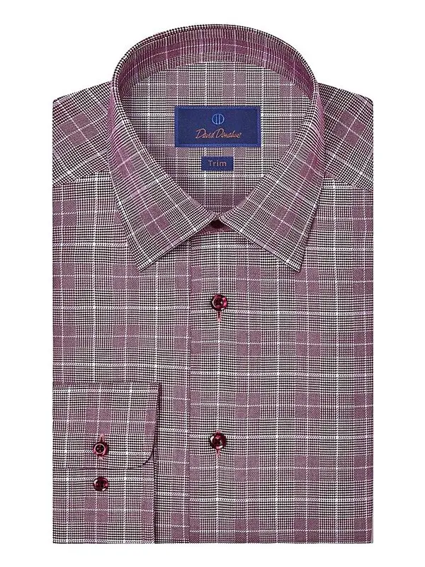 David Donahue Trim Fit Twill Glen Check Dress Shirt - Merlot