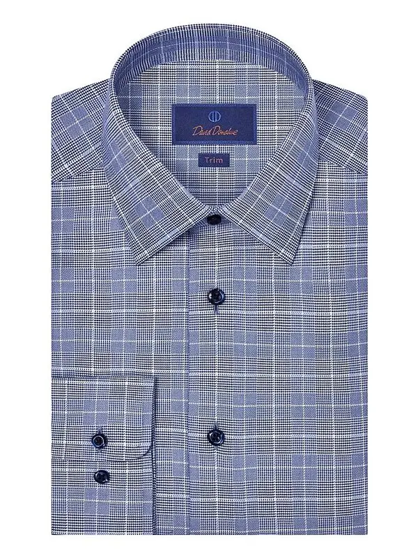 David Donahue Trim Fit Twill Glen Check Dress Shirt - Navy
