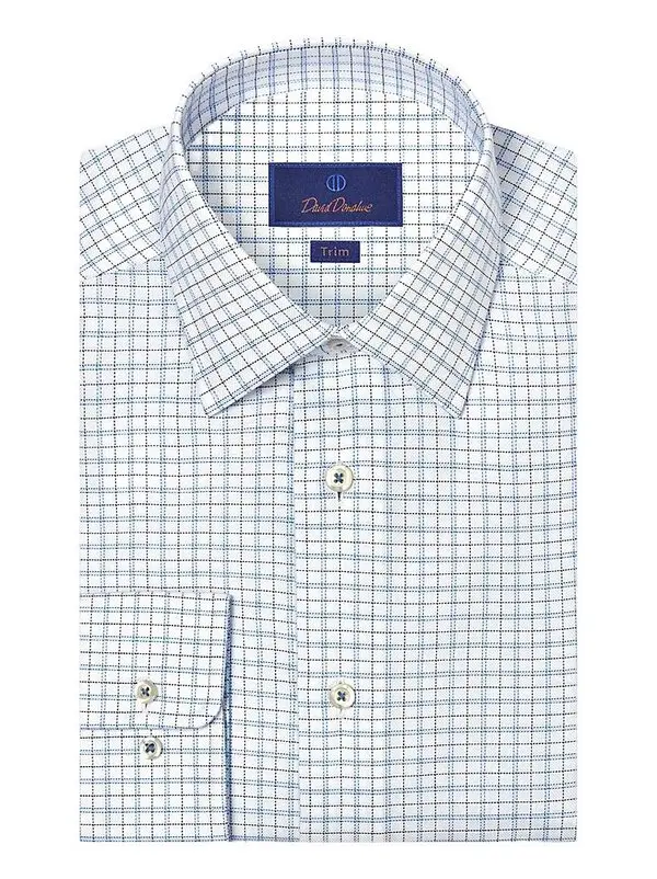 David Donahue Trim Fit Dobby Check Dress Shirt - White/ Blue