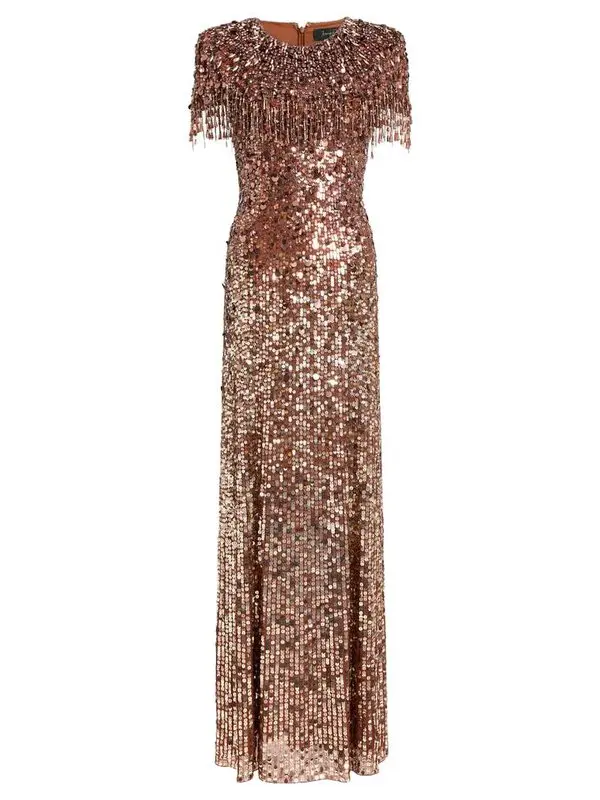 Jenny Packham Eugenie Sequin Fringed Maxi Dress - Bronze