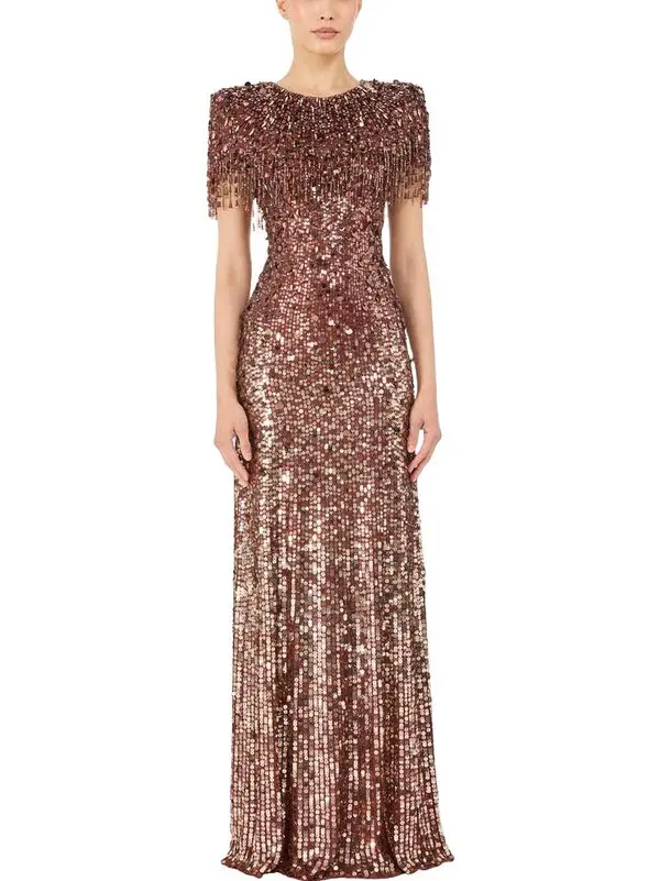 Jenny Packham Eugenie Sequin Fringed Maxi Dress - Bronze