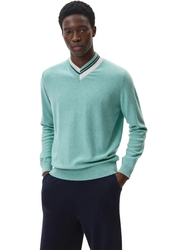 Johnstons Of Elgin Cashmere V-neck Jumper With Striped Trim - Green