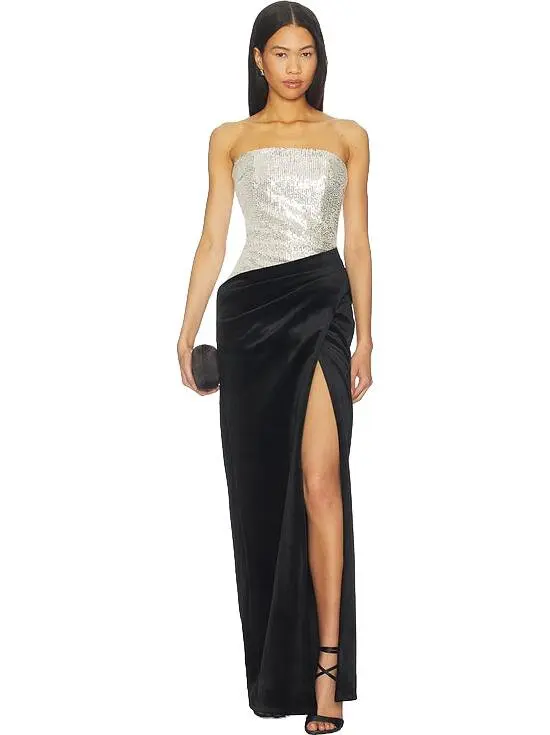 NADINE MERABI Sequined Bustier Velvet Maxi Dress - Black